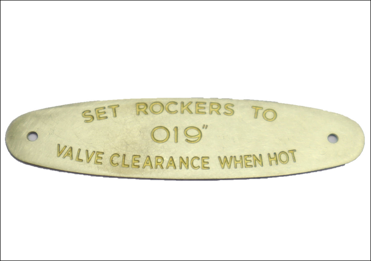 ID040-Valve clearance plate .019", Early TC, recessed lettering, brass ...